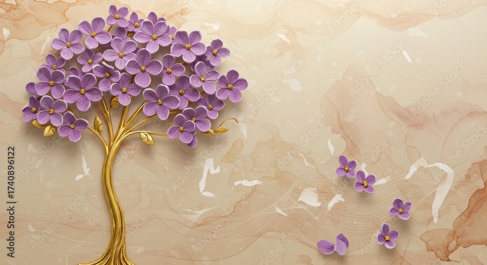 Decorative tree with purple flowers and golden trunk on a marbled beige ...