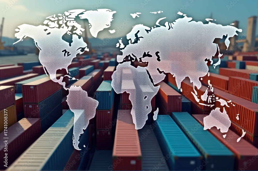 world map graphic overlaid on shipping container terminal. this image ...