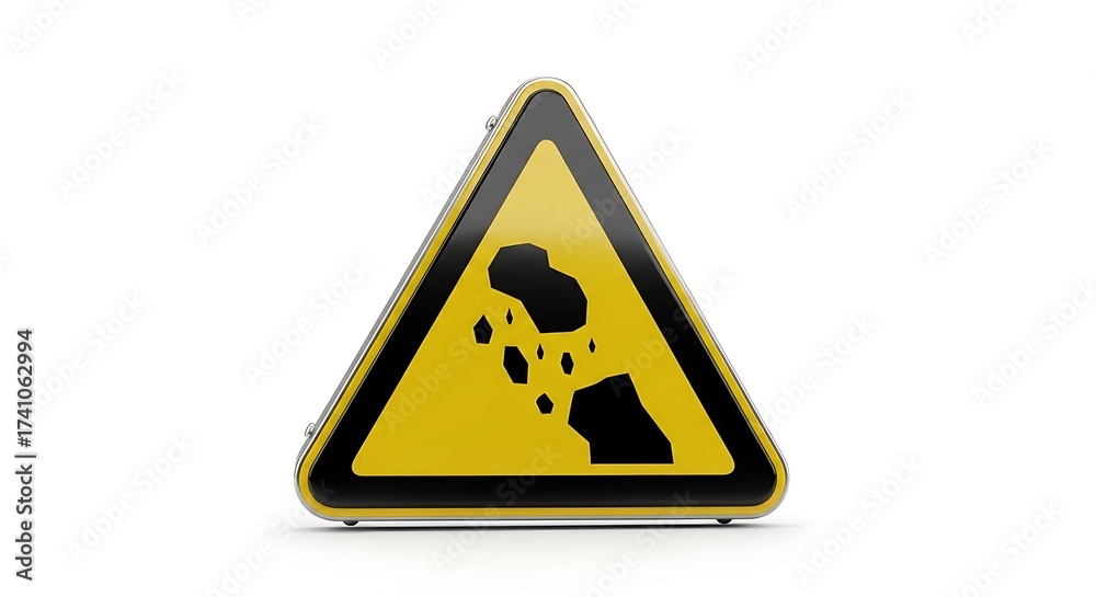 Warning sign alerts drivers to falling rocks danger on roads and ...