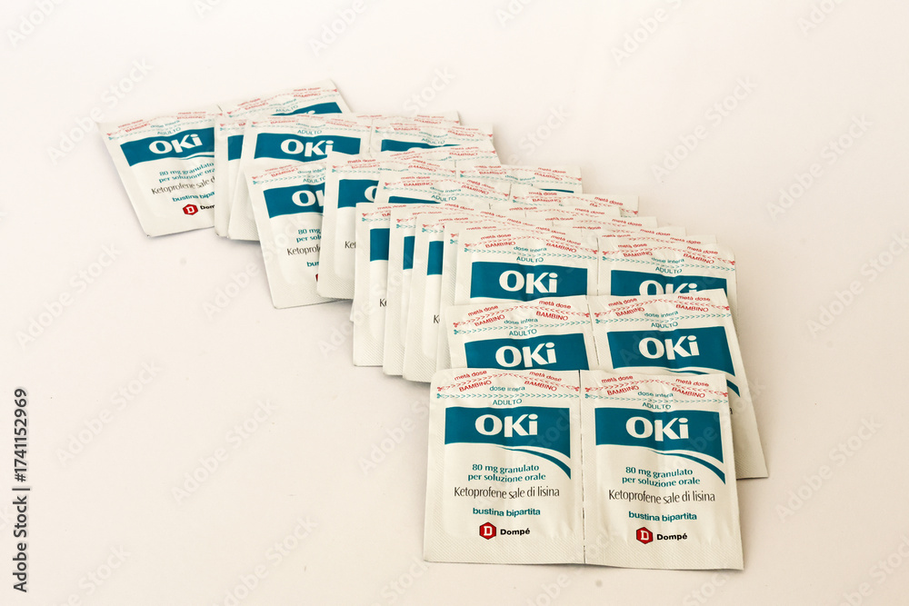 Italy – October 4, 2025: Oki 80 mg oral solution granules, ketoprofen ...
