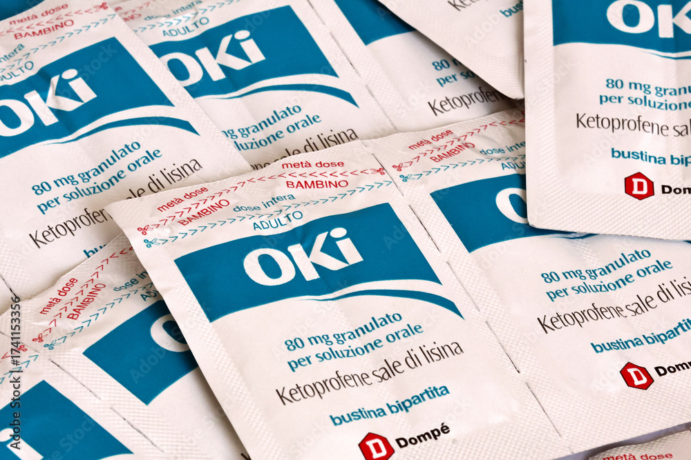 Italy – October 4, 2025: Oki 80 mg oral solution granules, ketoprofen ...