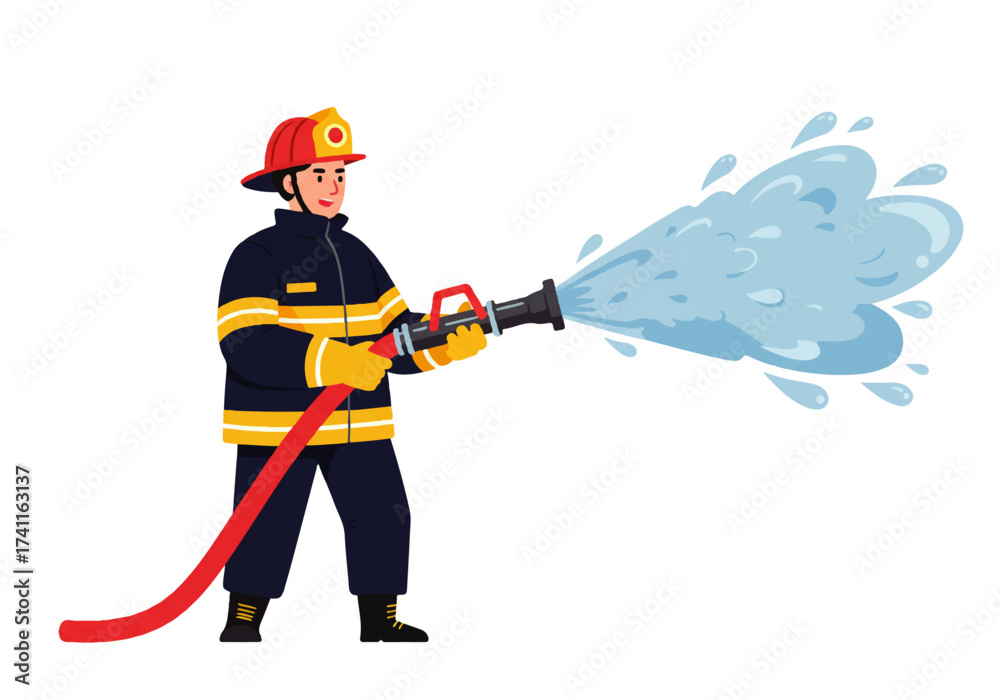 Cartoon illustration of a firefighter in full gear holding a fire hose ...