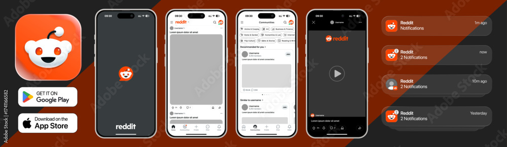 Reddit app UI template 2025 update with logo and notifications, modern ...