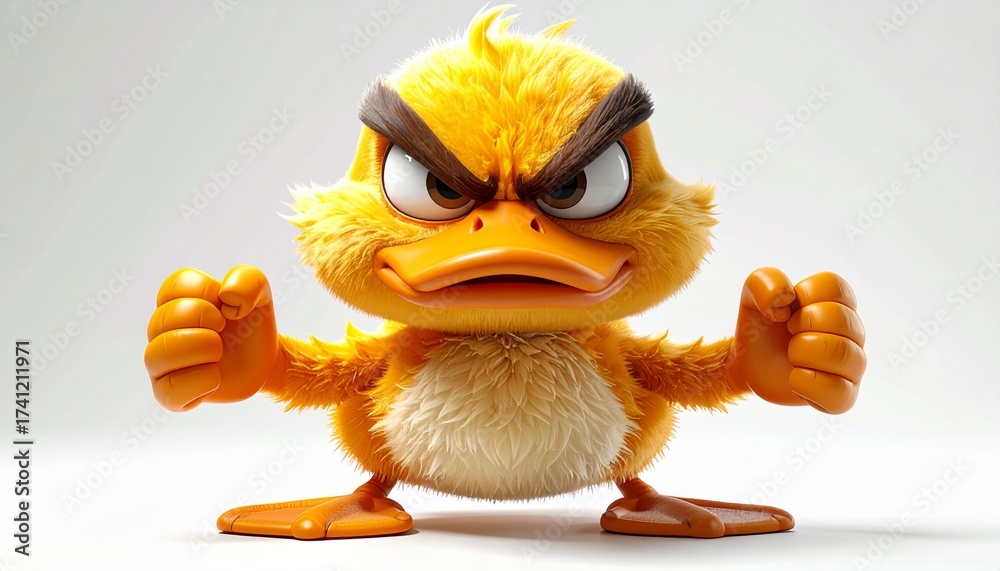 Fierce and determined little yellow duck character shown with a tough ...