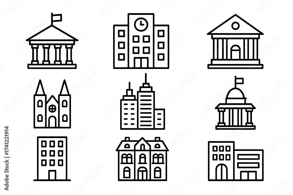 Building icon set. Government, municipal and public buildings. Line art ...