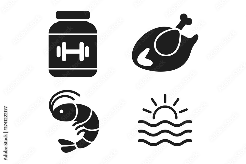 Protein sources icon set with vector glyphs. Food and nutrition symbols ...