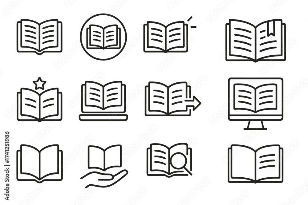 Open book line icon set. Reading, education, learning, library concepts ...