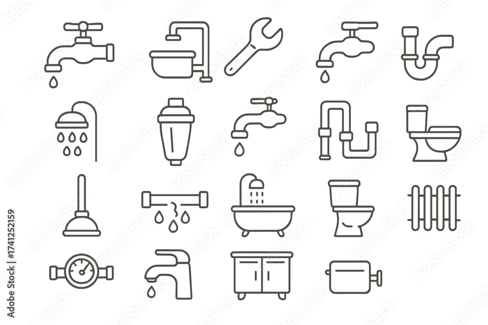 Plumbing service and bathroom fixtures line icon set. Sanitary ...