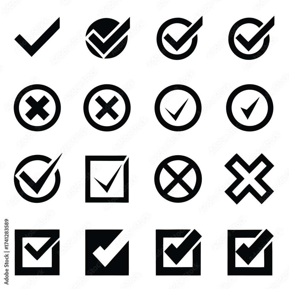 Collection of black check mark and cross icons in various shapes and ...