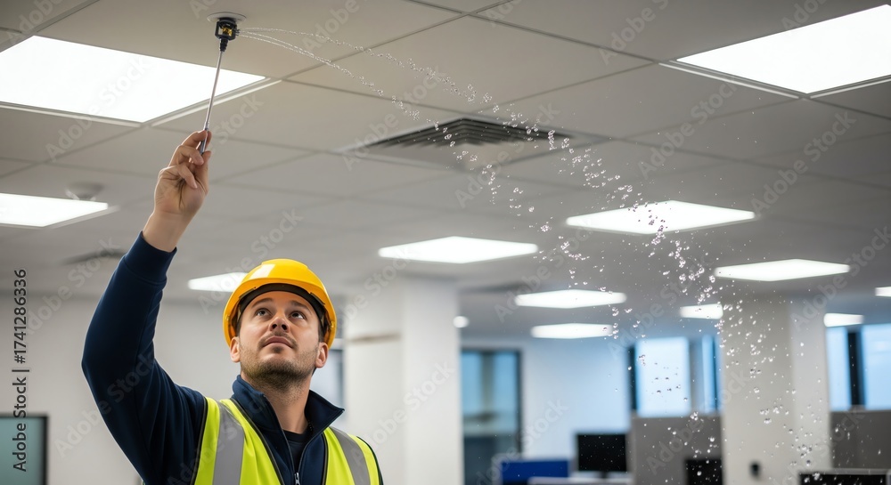 Firefighter testing sprinkler system in commercial building to ensure ...