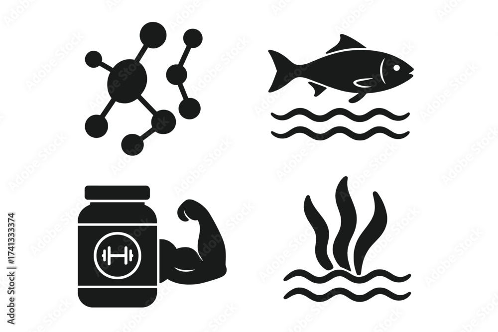 Protein molecule symbol, fish and seaweed marine life, muscle building ...