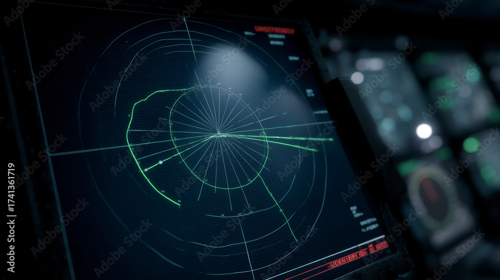 Military radar screen showing unidentified bright light spot over sea ...