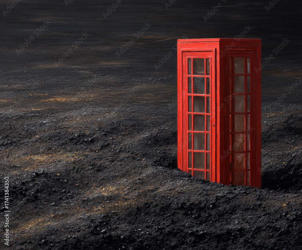 Stockillustrationen Classic red London phone booth buried in black ash ...