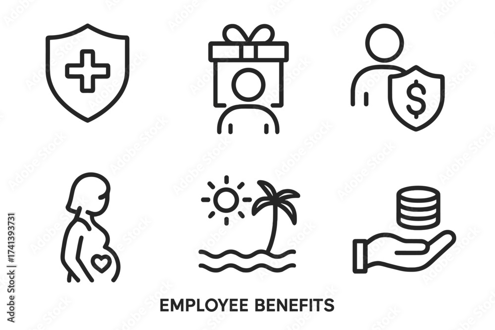 Employee benefits icon set. Line icons for health insurance, bonus ...