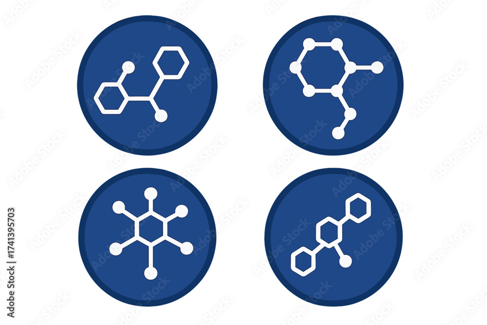 Set of molecular badges with connected hexagonal structures, DNA ...