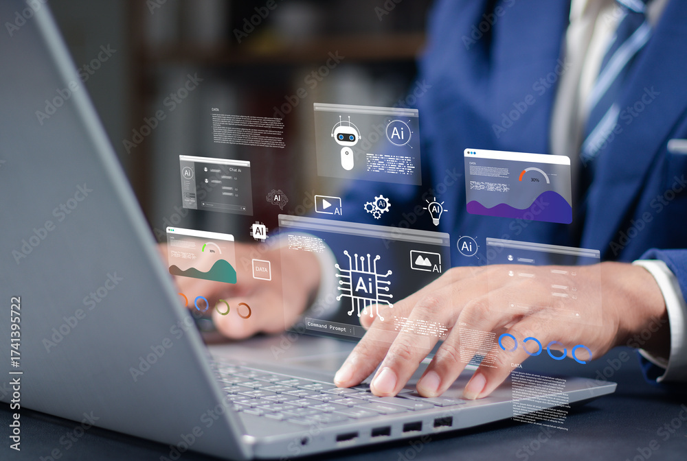 AI agent and generative artificial intelligence concept. Businessman using AI agents on screen ...