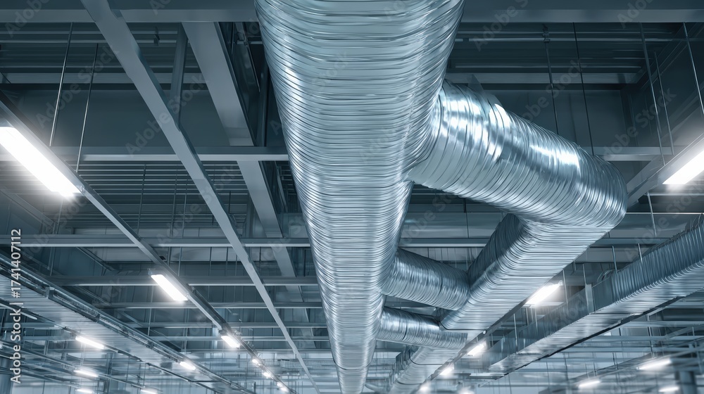 Industrial ceiling with metal ducts and led lighting in a commercial ...