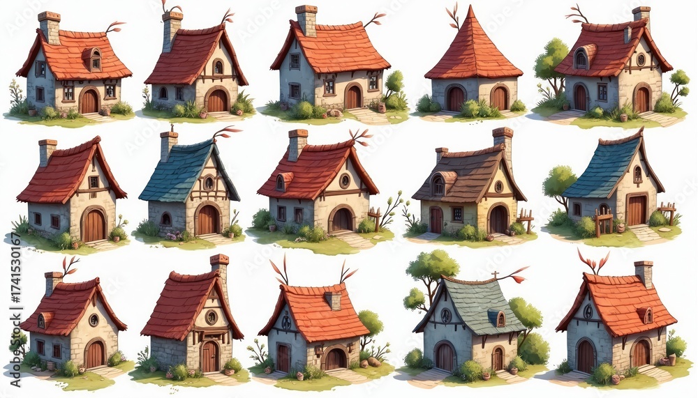 Stock-Illustration „Collection of charming medieval houses with stone ...