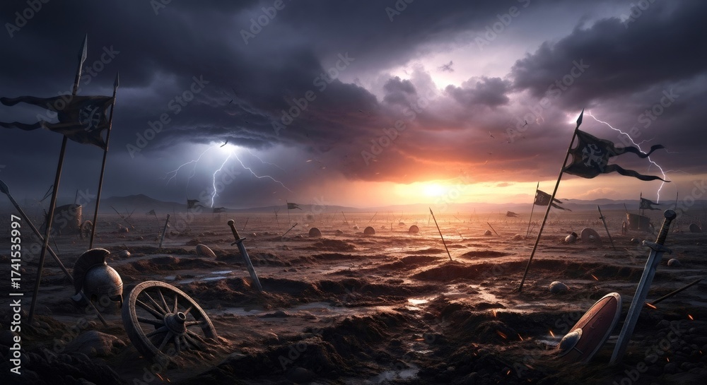Battlefield after war during sunset with lightning. Dramatic historical ...