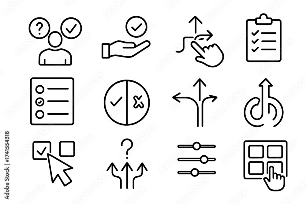 Choice and decision making outline icon set. Vector symbols for ...