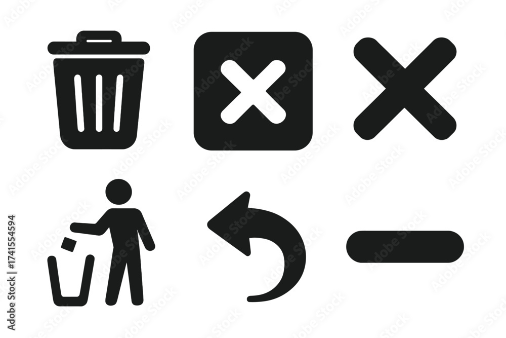 Black solid delete icon set. Vector glyphs for UI design with trash can ...