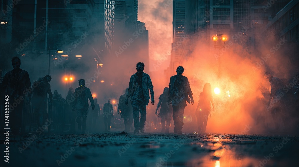 Halloween concept Zombie Apocalypse Scene Zombies lurch toward camera ...