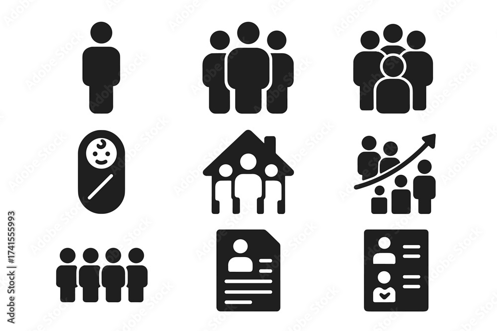Praca wektorowa bez tantiem: Population icon set featuring demographic ...