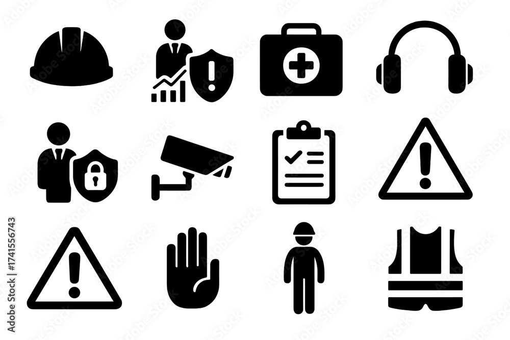 Work safety icon set including hard hat, risk management, first aid ...