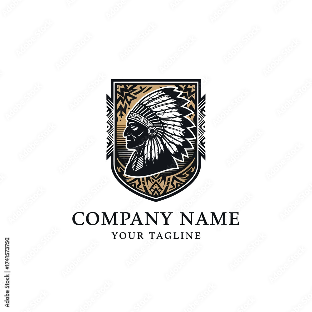 Logo featuring a detailed profile of a Native American chief wearing a ...