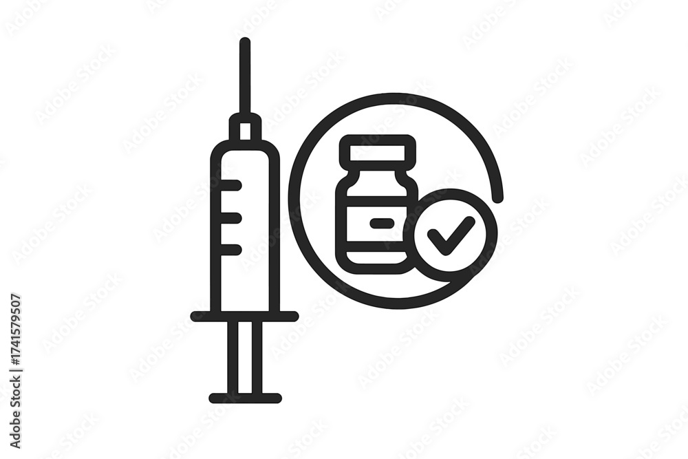 Syringe and vaccine vial vector icon with check mark symbol, injection ...