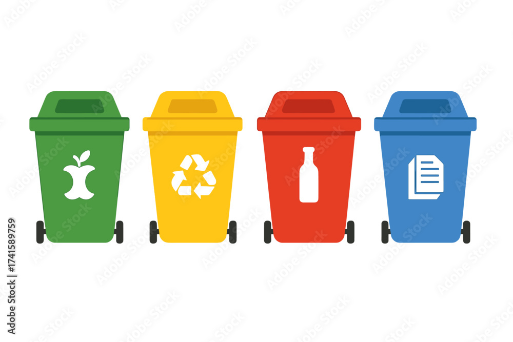 Waste segregation and recycling bins set with distinct trash symbols ...