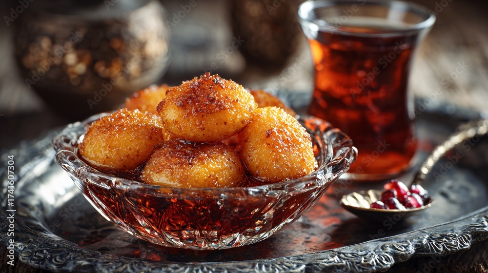 Turkish sekerpare semolina cookies in syrup, elegant glass dish Stock ...