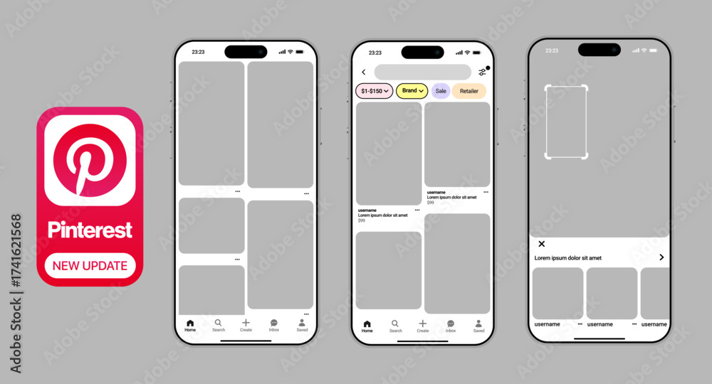 Pinterest app interface mockup design with pins boards profile search ...