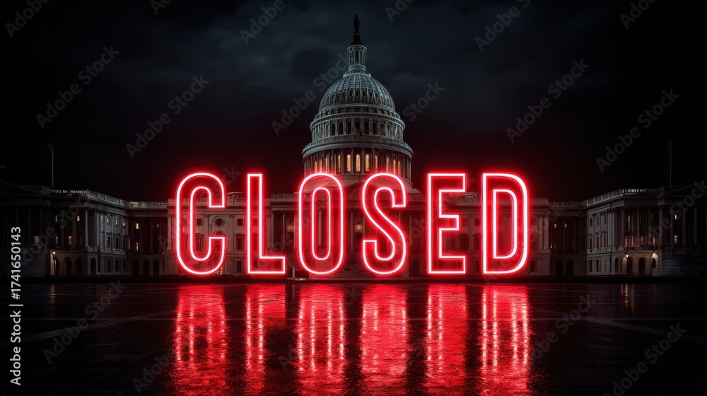 U.s. capitol building with neon closed sign symbolizing government ...