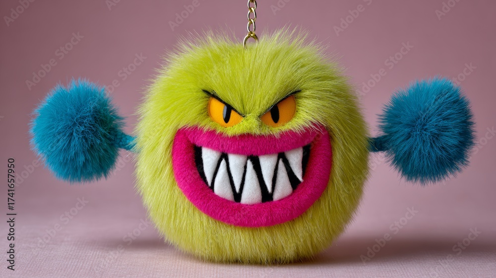 A green monster with blue pom poms on its head and teeth. The monster ...