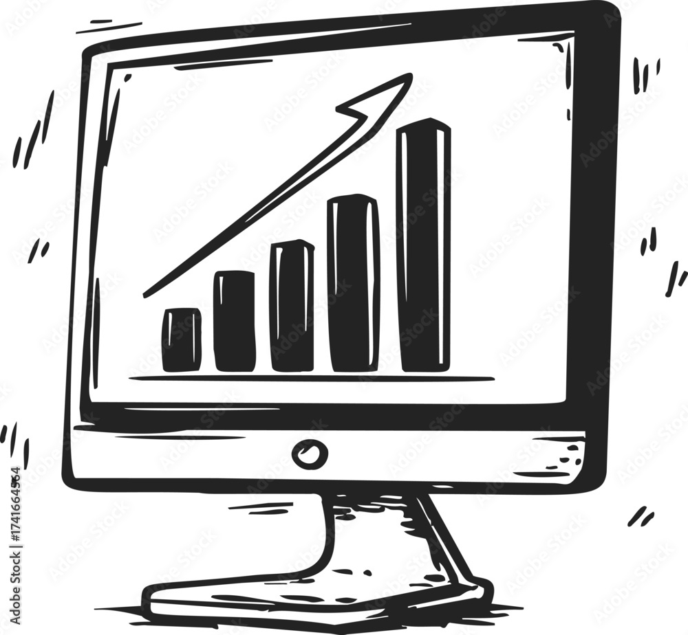 Computer monitor sketch with rising bar chart and arrow, hand drawn ...
