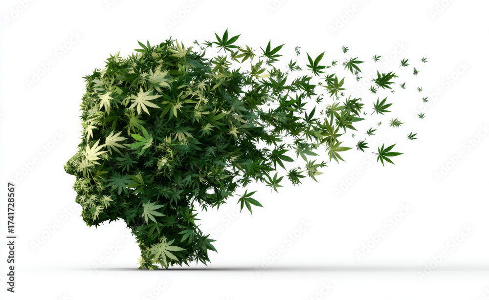 Human head profile made of cannabis leaves, symbolizing creativity and ...