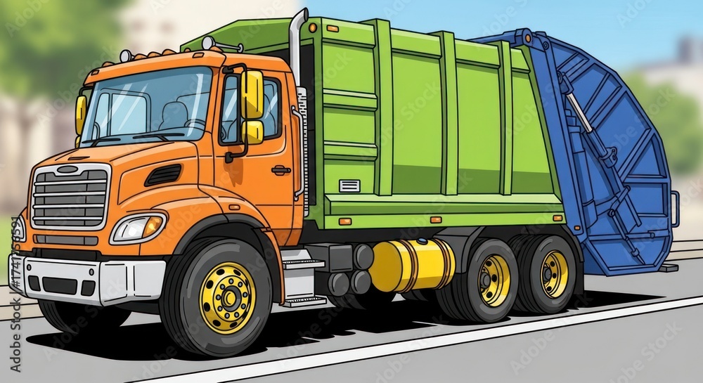 Cartoon garbage truck on road delivering waste for environmental ...