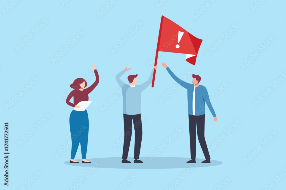 Team celebrating success and raising a red flag with an exclamation mark symbolizing warning or ...