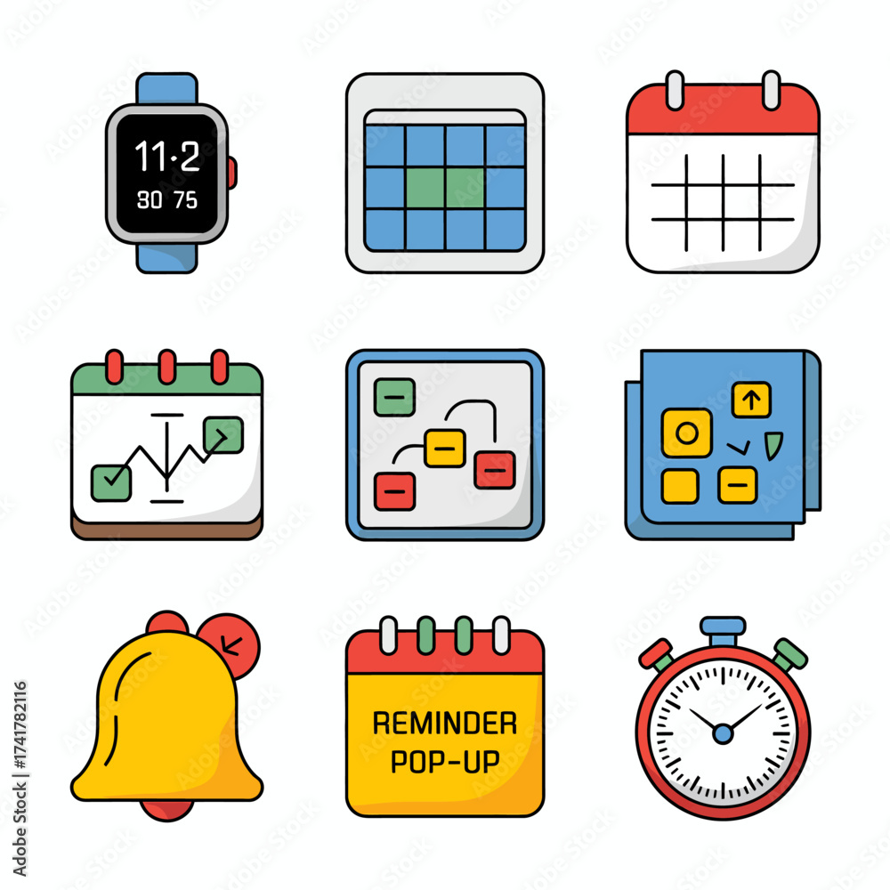 Time Management and Scheduling Icons with Smartwatch Calendar and ...