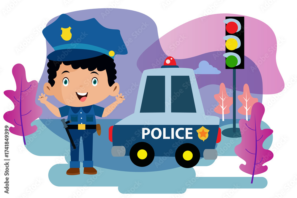Animated Police Officer with Car and Traffic Light on Transparent ...