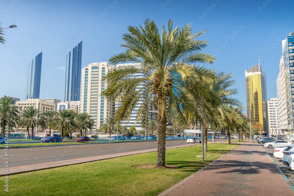 Palm lined promenade and modern high-rises along Sheikh Zayed Bin ...