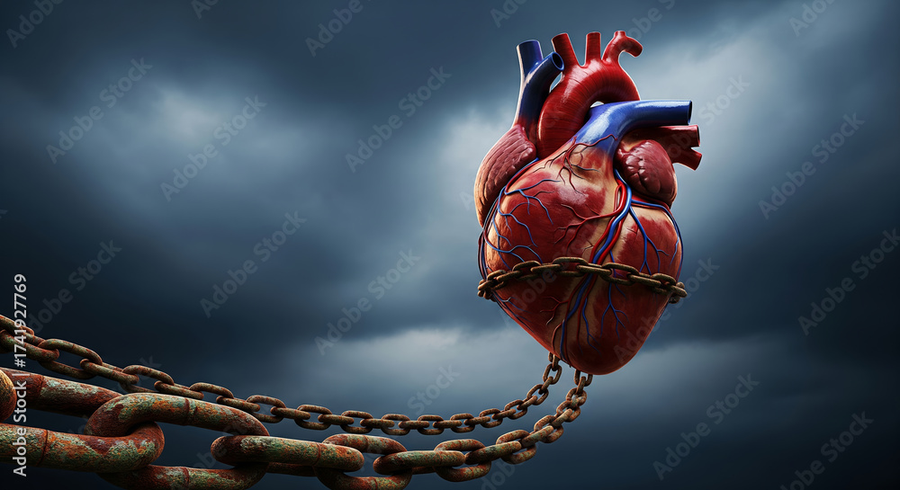 Symbolic illustration of a human heart being pulled by heavy chains ...