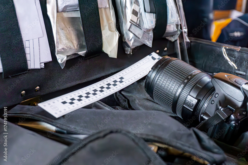 Forensic photography equipment – camera with lens, measurement scale ...