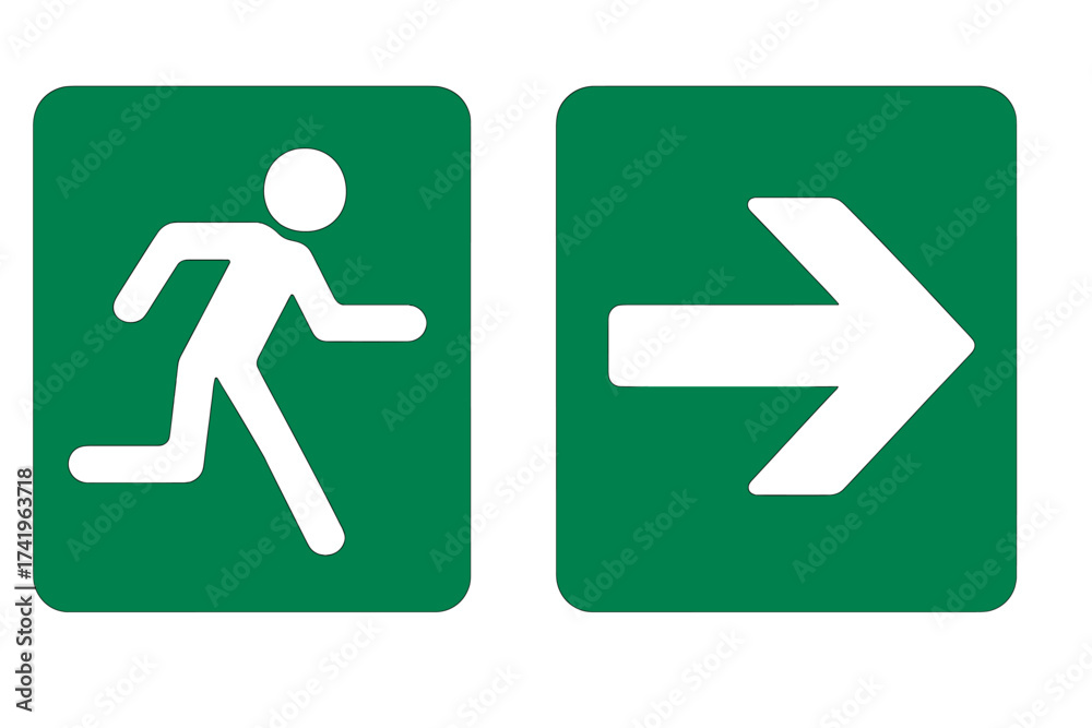 Стоковий вектор Green fire exit sign set with running man icon and ...