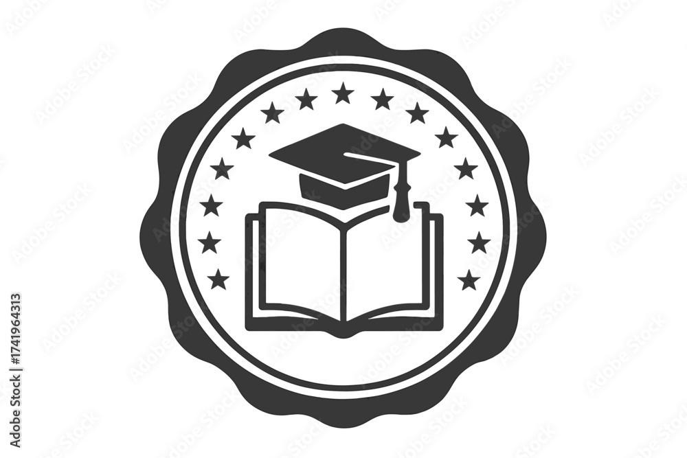 Stock-Vektorgrafik „Education emblem with graduation cap and open book ...
