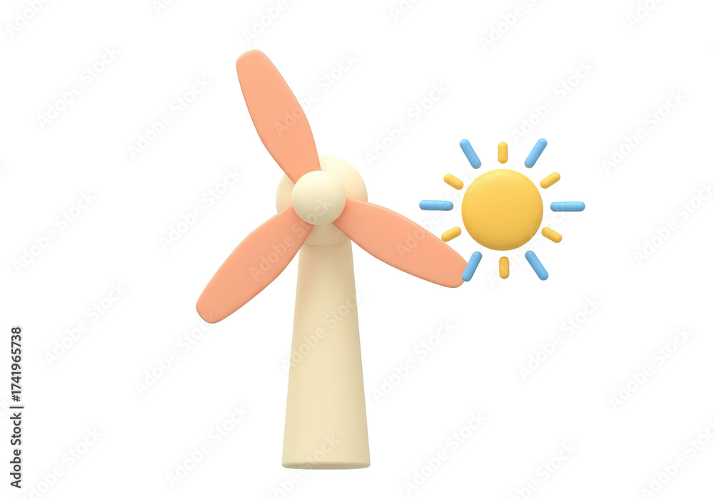 Wind turbine and sun 3D render isolated PNG, renewable energy concept ...