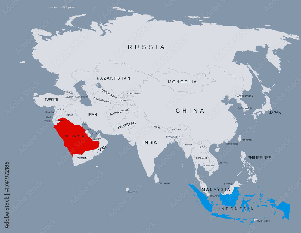 Indonesia and Saudi Arabia Highlighted on Asia Map Showing Borders and ...