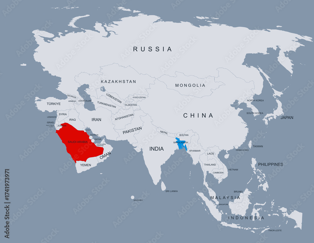 Saudi Arabia and Bangladesh Highlighted on Asia Map with Borders and ...