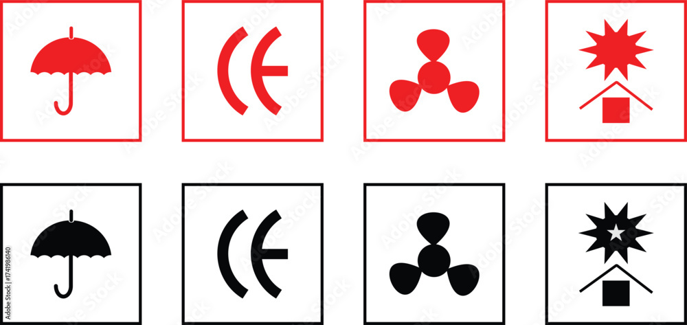 Set of Packaging Symbol button, keep upright dry and handle with care ...